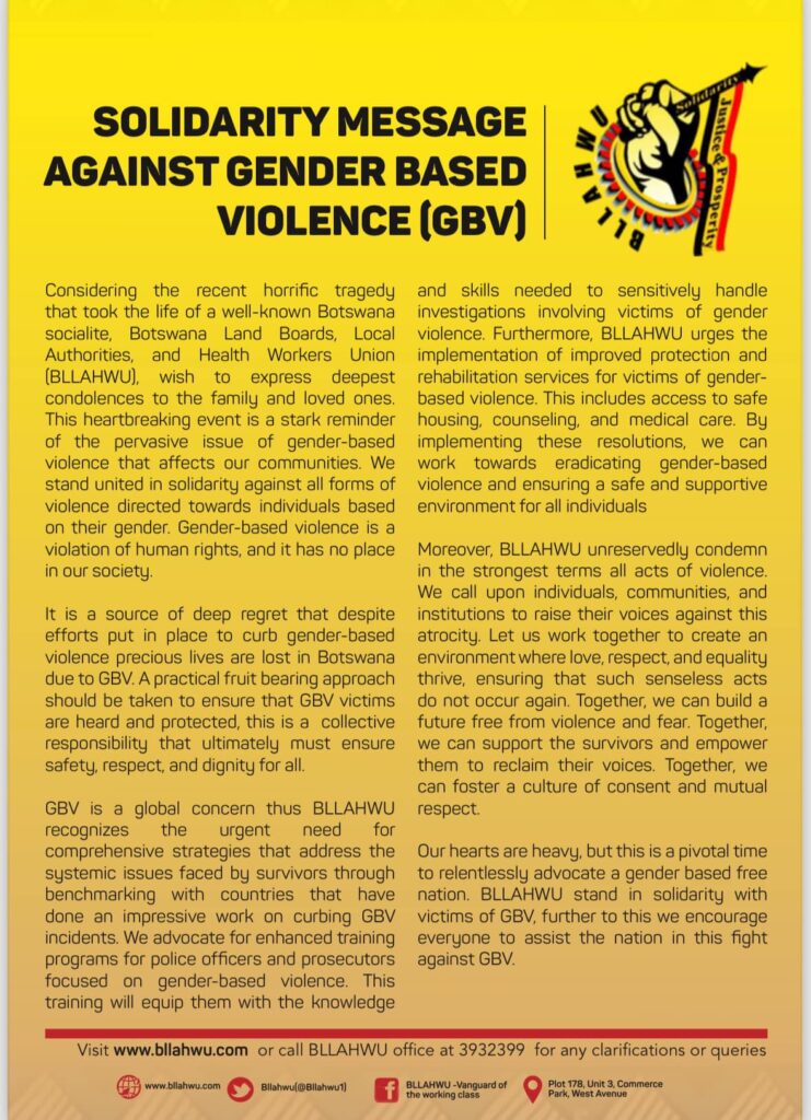 SOLIDARITY MESSAGE AGAINST GENDER BASED VIOLENCE (GBV) - BLLAHWU